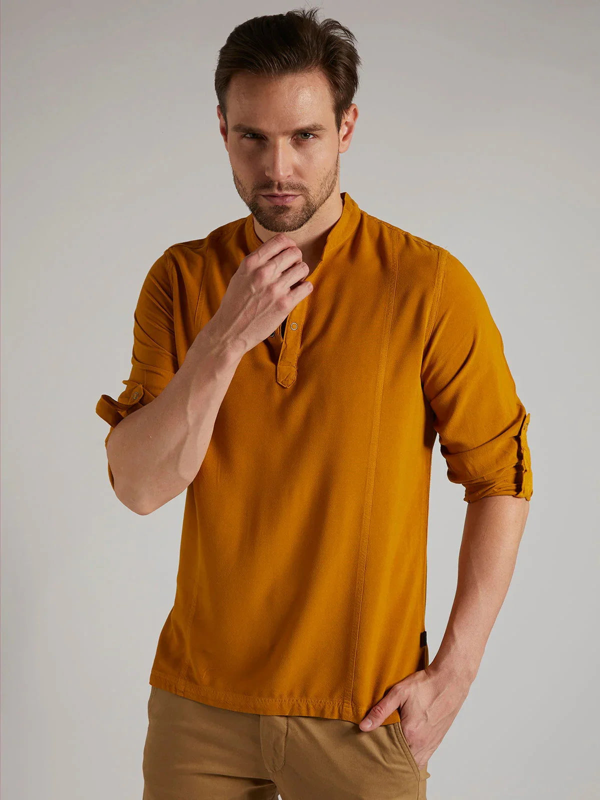 Buy Mustard Men Half Placket Mandarin Collar Viscose Shirt / Kurta 108 ...